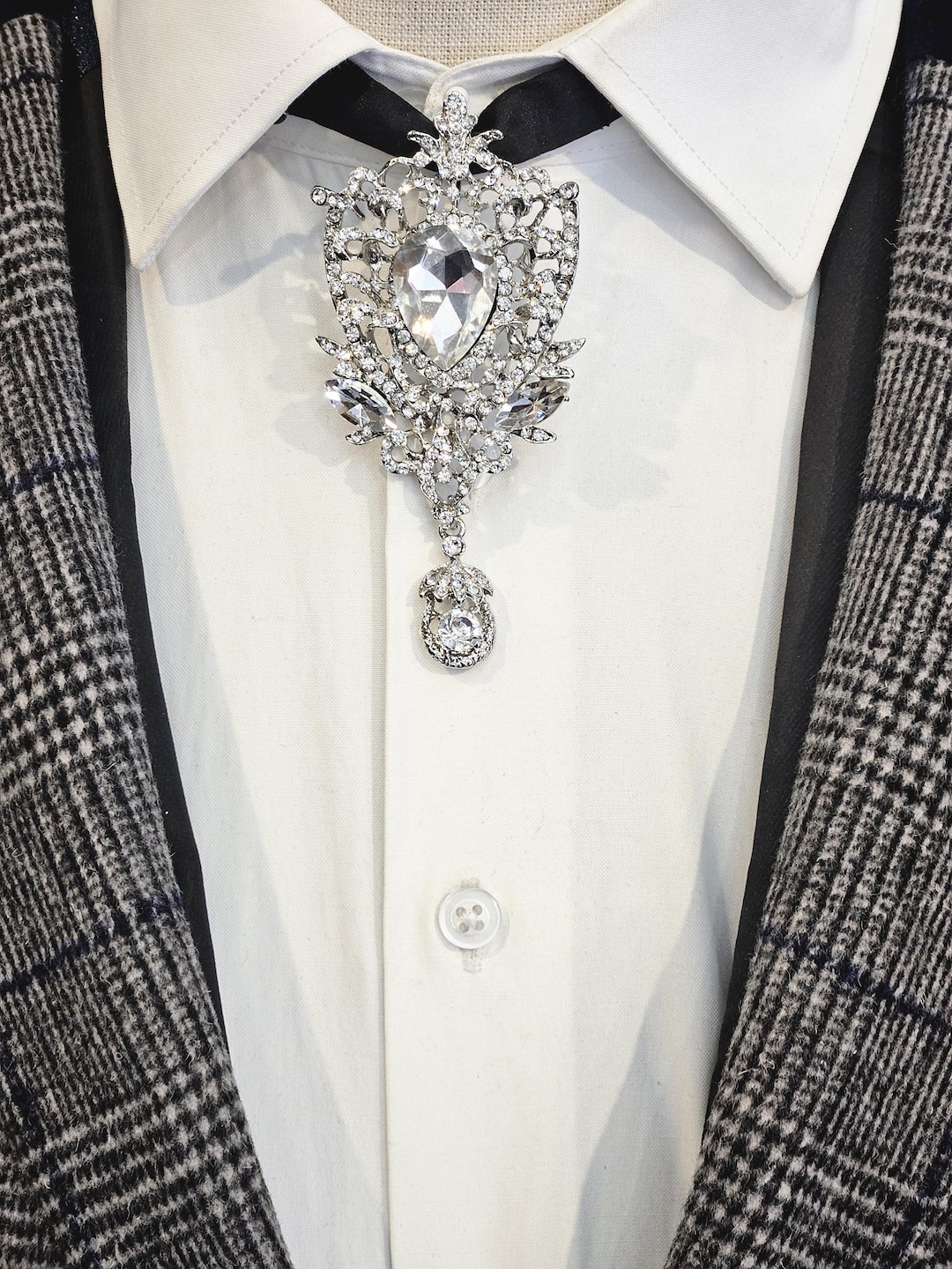 Men's Silver Brooch Bow Tie Medallion: Clear Stone Wedding Jewelry - Etsy