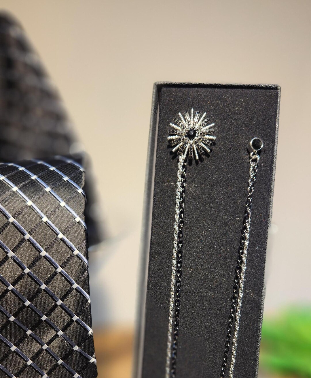 Chain Lapel and Gem Brooch Set - Silver With Black Rhinestone Pin ...