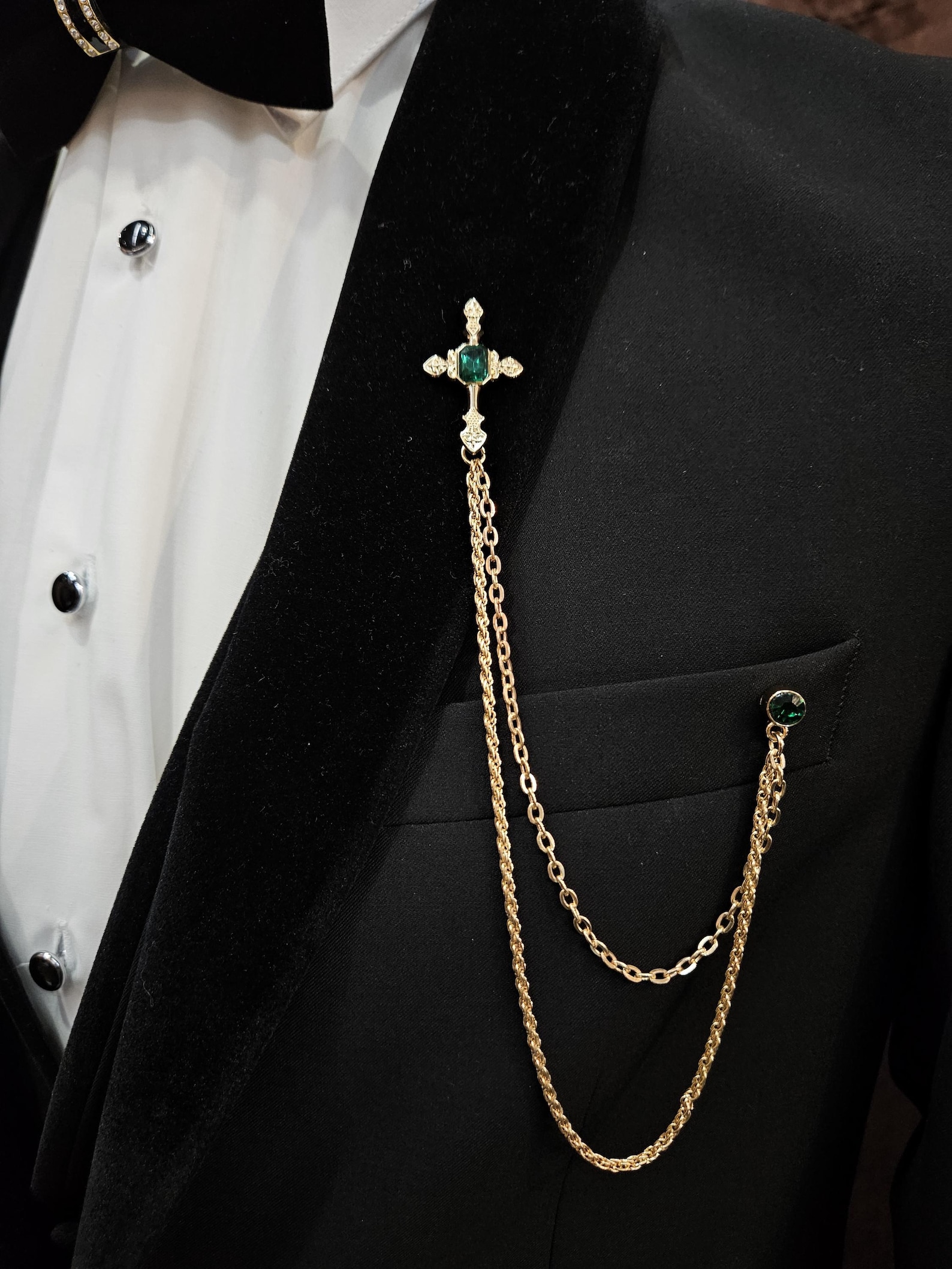 Gold Chain Lapel Pin: Emerald Rhinestone Cross Brooch Set - Etsy