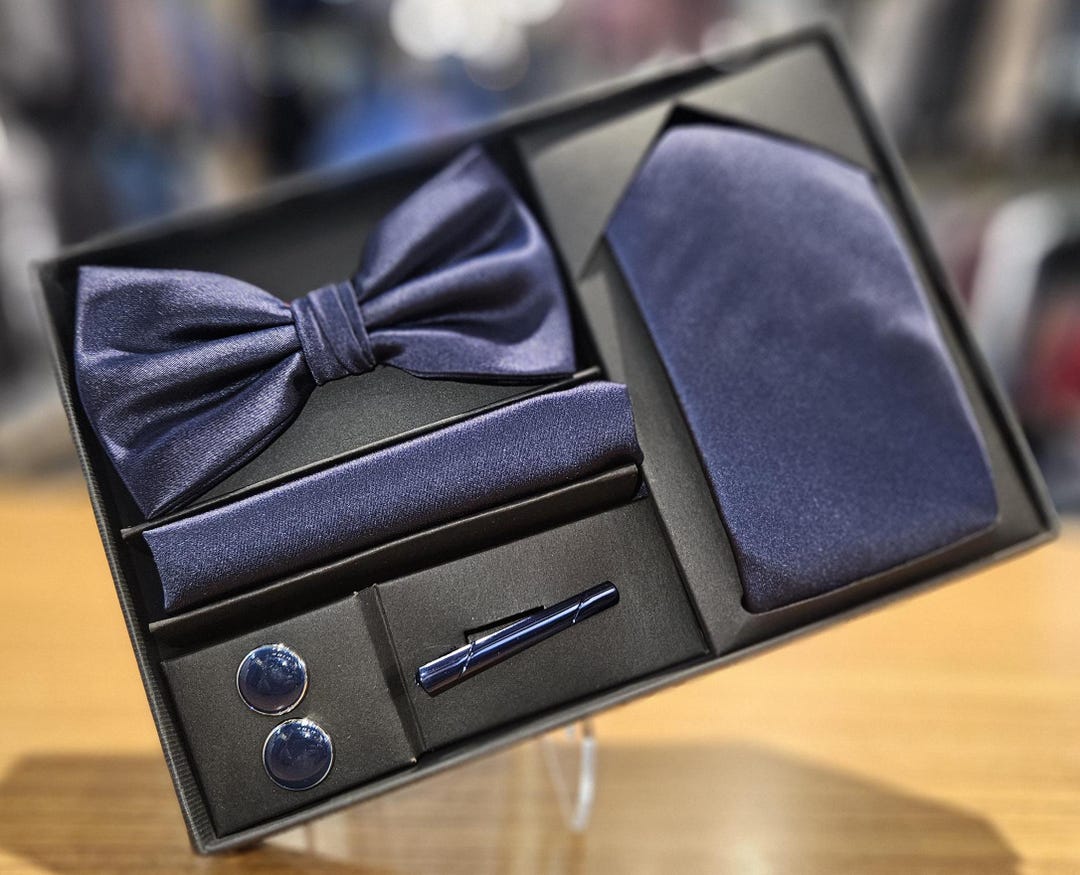 Men's Navy Blue Color 5-pieces Formal Accessories Box Set (necktie, Bow ...