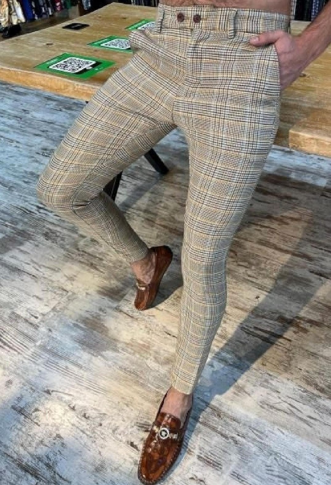 Men's Checkered Dress Pants: Slim Fit Tan & Brown Poly Rayon Blend - Etsy