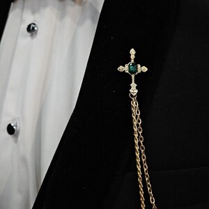Gold Chain Lapel Pin: Emerald Rhinestone Cross Brooch Set - Etsy