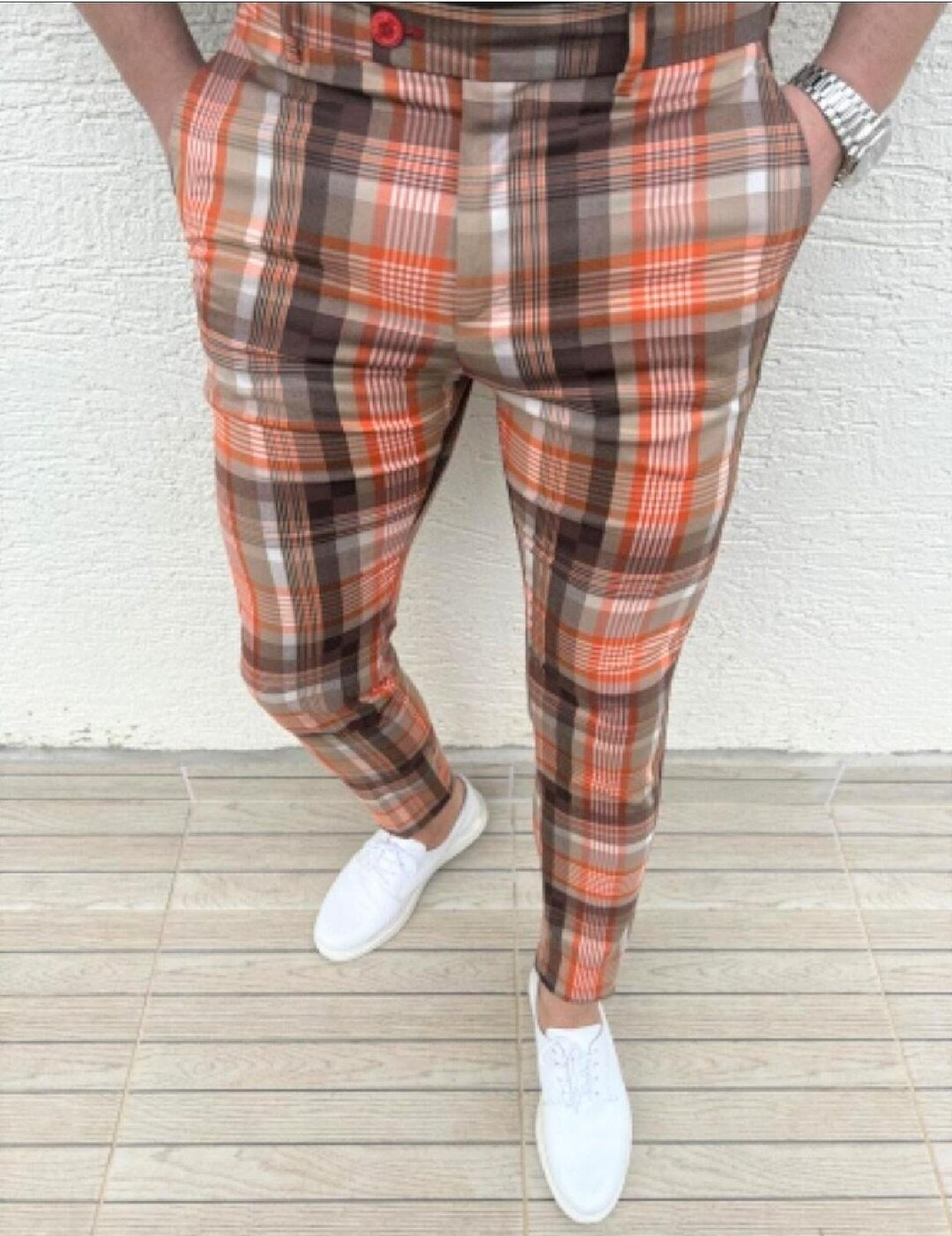 Men's Slim Fit Checkered Dress Pants: Orange & Black Poly Rayon Blend ...