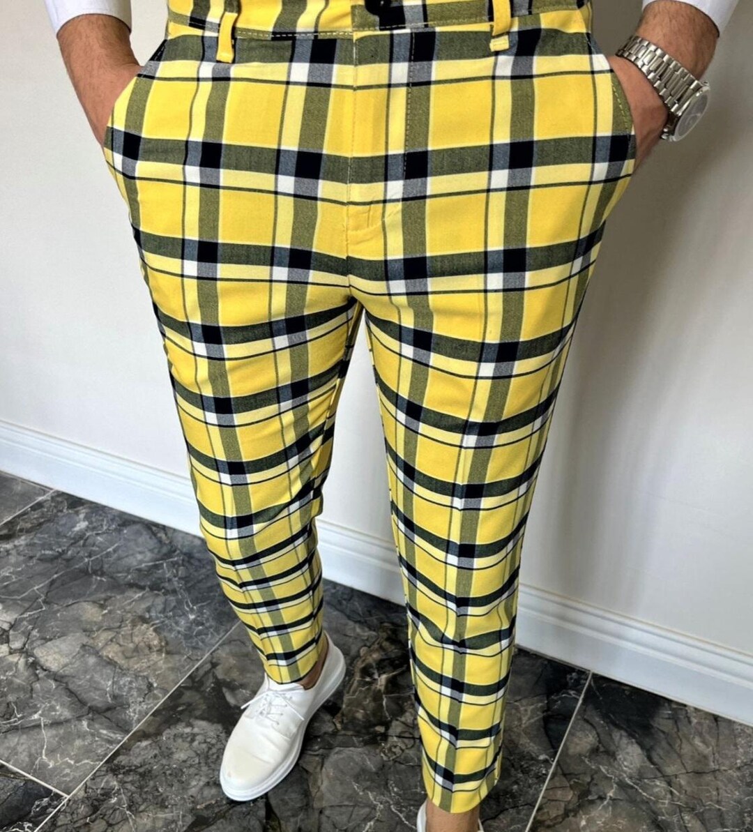 Men's Yellow Checkered Dress Pants: Slim Fit Poly Rayon Blend - Etsy