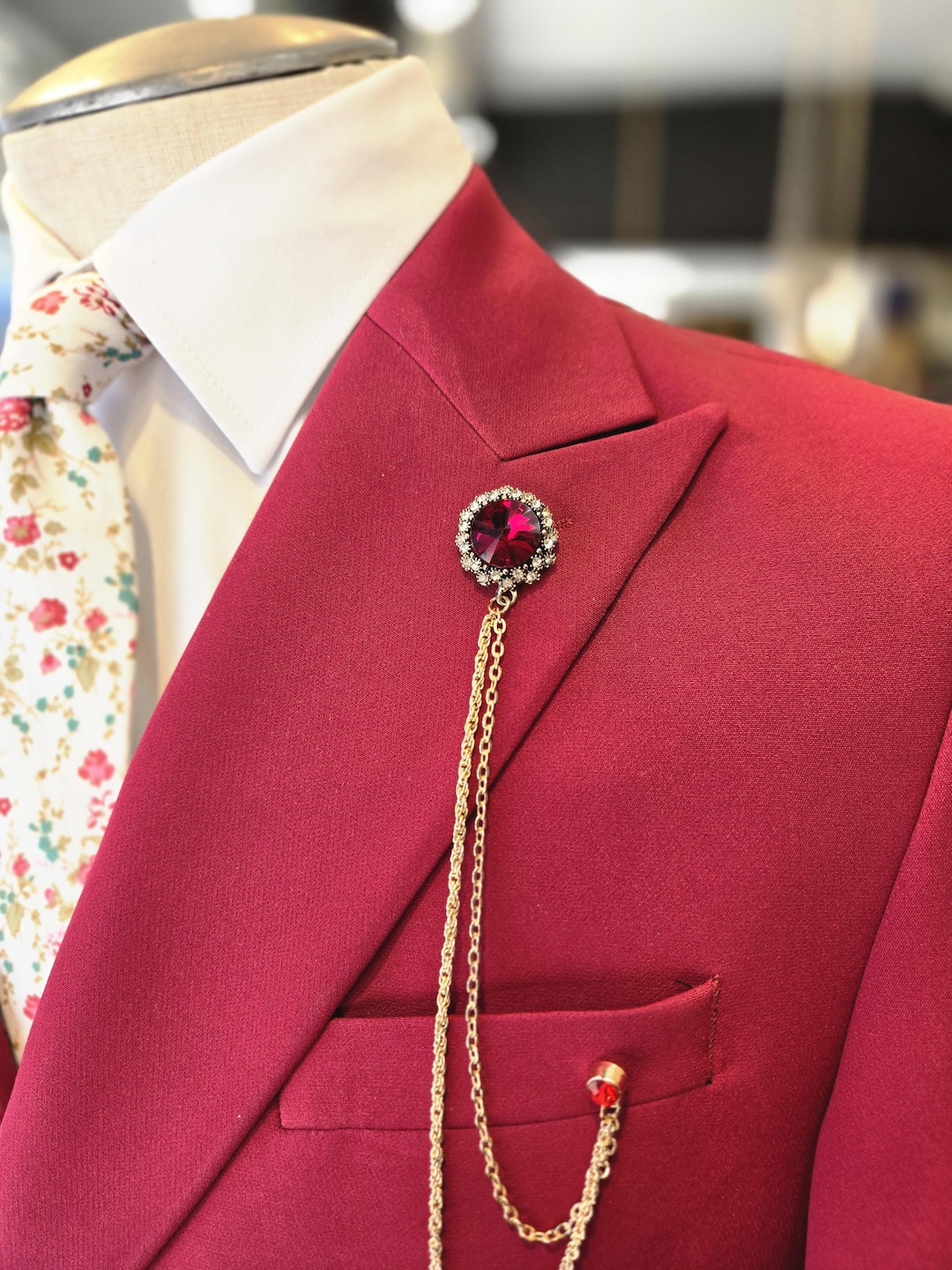Gold & Ruby Rhinestone Brooch Set: Elegant Lapel Chain Pin - Etsy