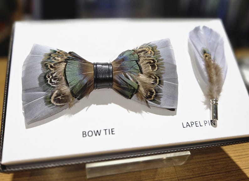 Olive and Tan Feather Bow Tie Set: Dapper Wedding Gala Accessory - Etsy