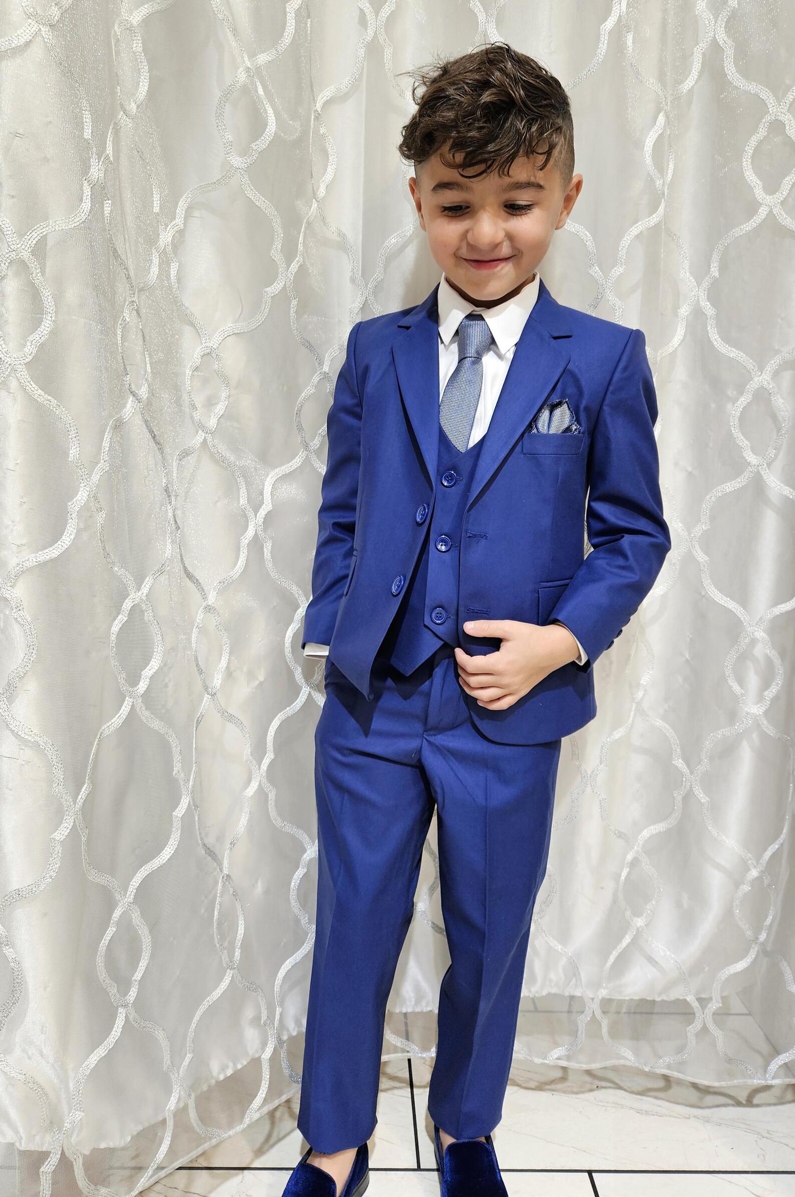 5-piece Boy's Suit Set in Indigo Blue Jacket, Vest, Pants, Dress Shirt ...