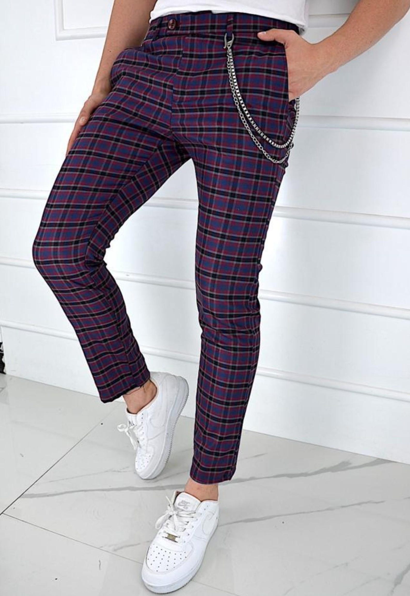 Men's Checkered Dress Pants: Burgundy & Black Slim Fit - Etsy