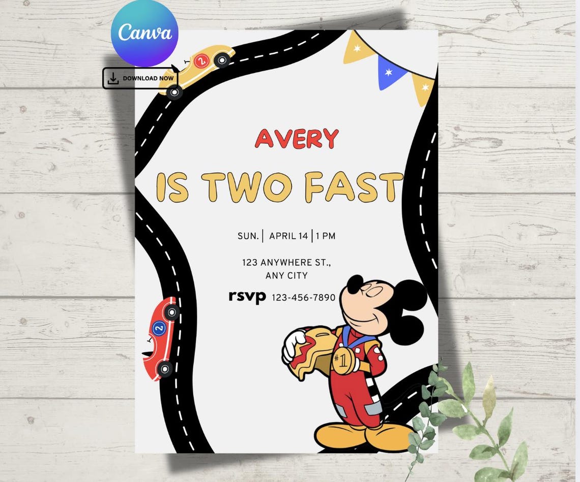 TWO Fast Mickey Mouse Birthday Party Digital Invitation - Etsy