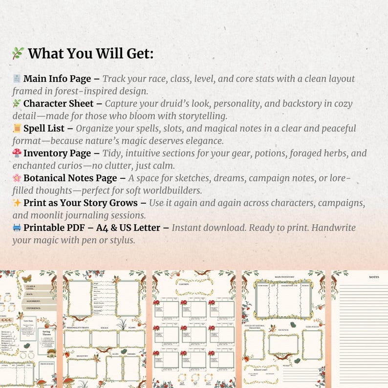 Printable Dnd 5e Character Journal | Cozy Druid Spell Sheet | Botanical ...