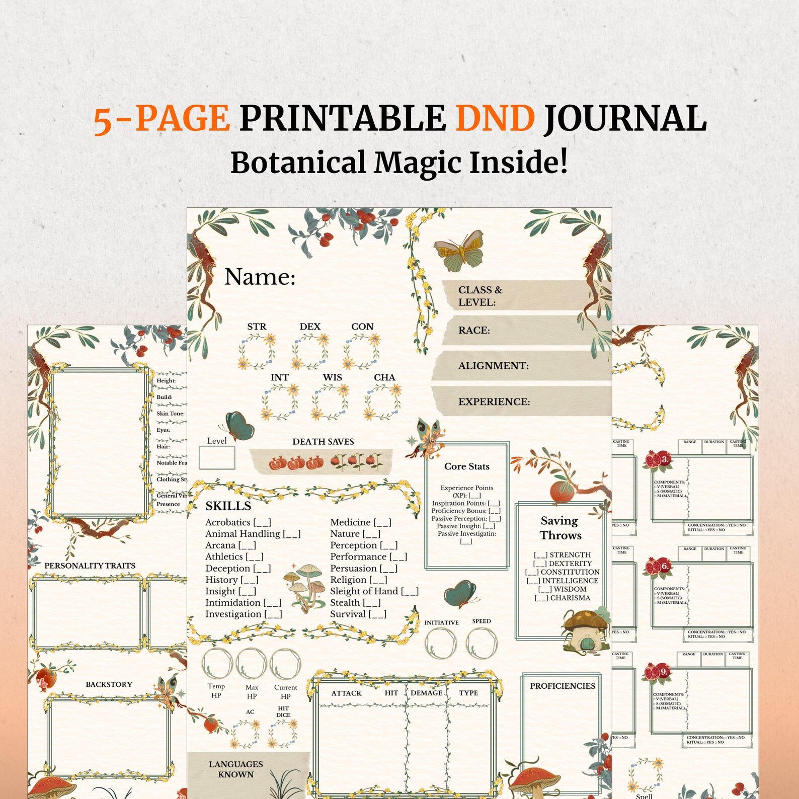 Printable Dnd 5e Character Journal | Cozy Druid Spell Sheet | Botanical ...
