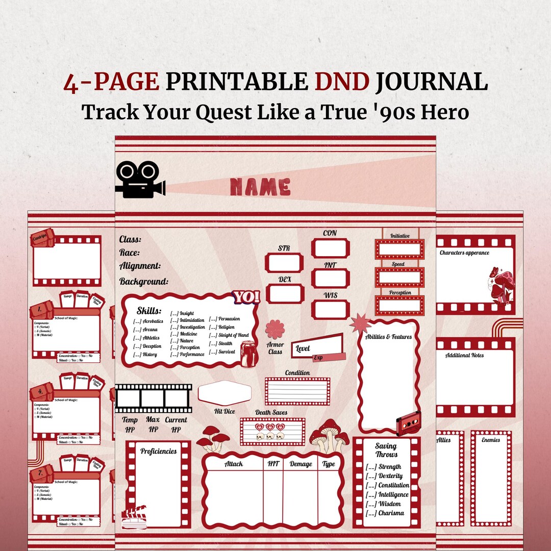 Retro 90s Dnd Character Sheet – Printable Vintage-inspired 5e Journal ...