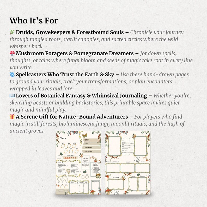Printable Dnd 5e Character Journal | Cozy Druid Spell Sheet | Botanical ...