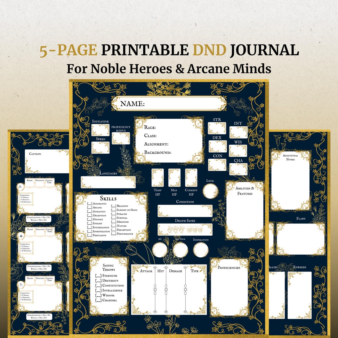 DND Character Sheet Printable | 5e Spell Sheet Journal PDF | Luxury Dnd ...