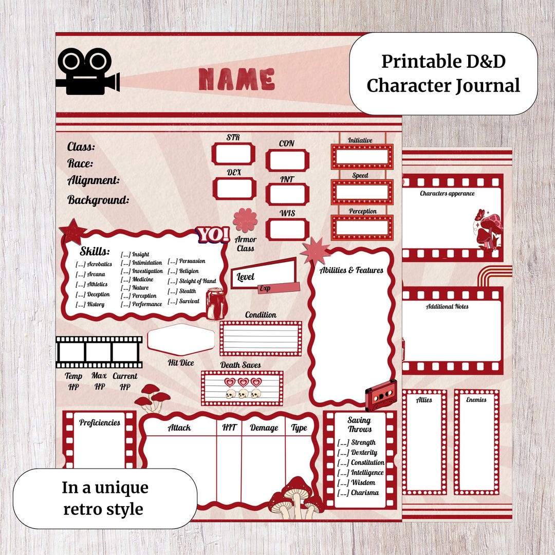 Printable Retro 90s Dnd Character Sheet – Vintage 5e RPG Journal PDF ...