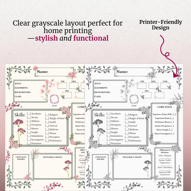 Floral DND 5e Character Sheet Journal: Printable RPG Player Notebook ...