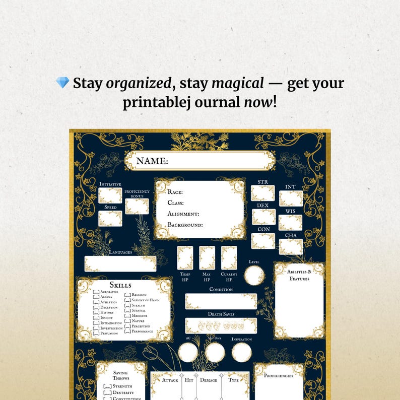 DND Character Sheet Printable | 5e Spell Sheet Journal PDF | Luxury Dnd ...