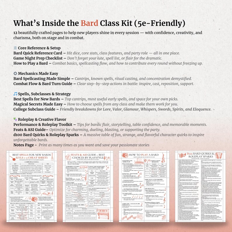 DND 5e Bard Cheat Sheet: Quick Reference Guide & Class Build (digital ...