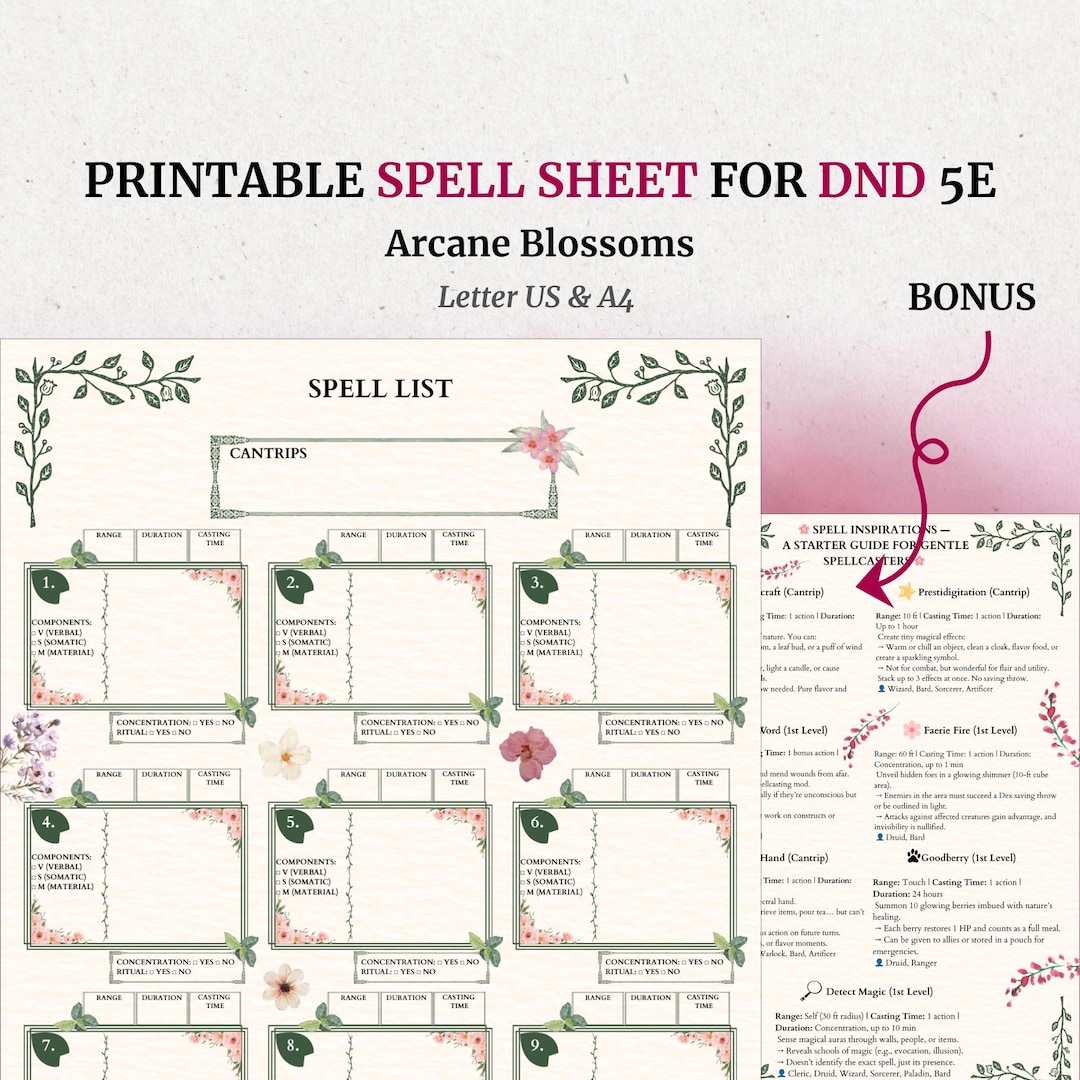 Floral DND 5e Spell Sheet: Printable RPG Spell Tracker (PDF) - Etsy