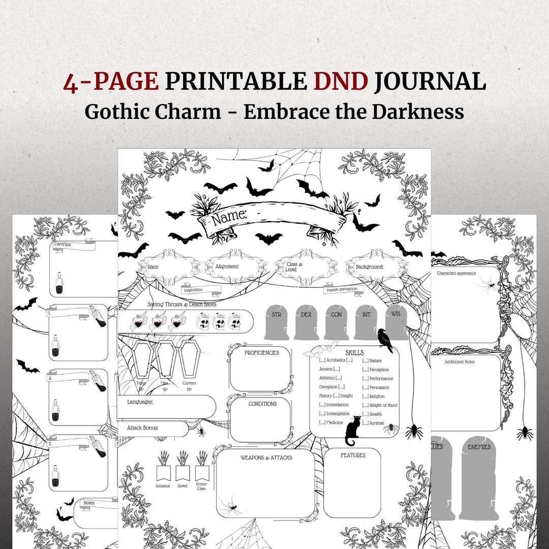 Gothic Dnd Character Sheet – Printable RPG Journal for 5e | Vampire ...