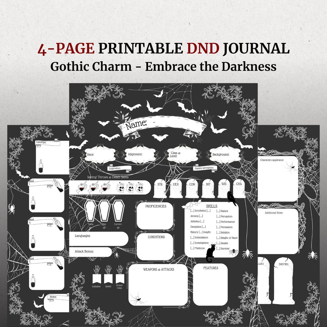 Printable Dnd Character Sheet 5e – Gothic Warlock Vampire TTRPG Journal ...