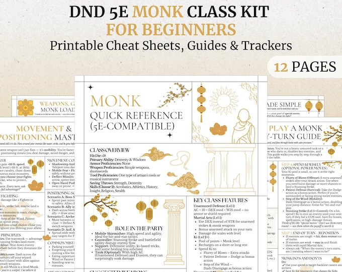 DND 5e Monk Cheat Sheet: Class Guide, Roleplay Toolkit (PDF Download - Etsy