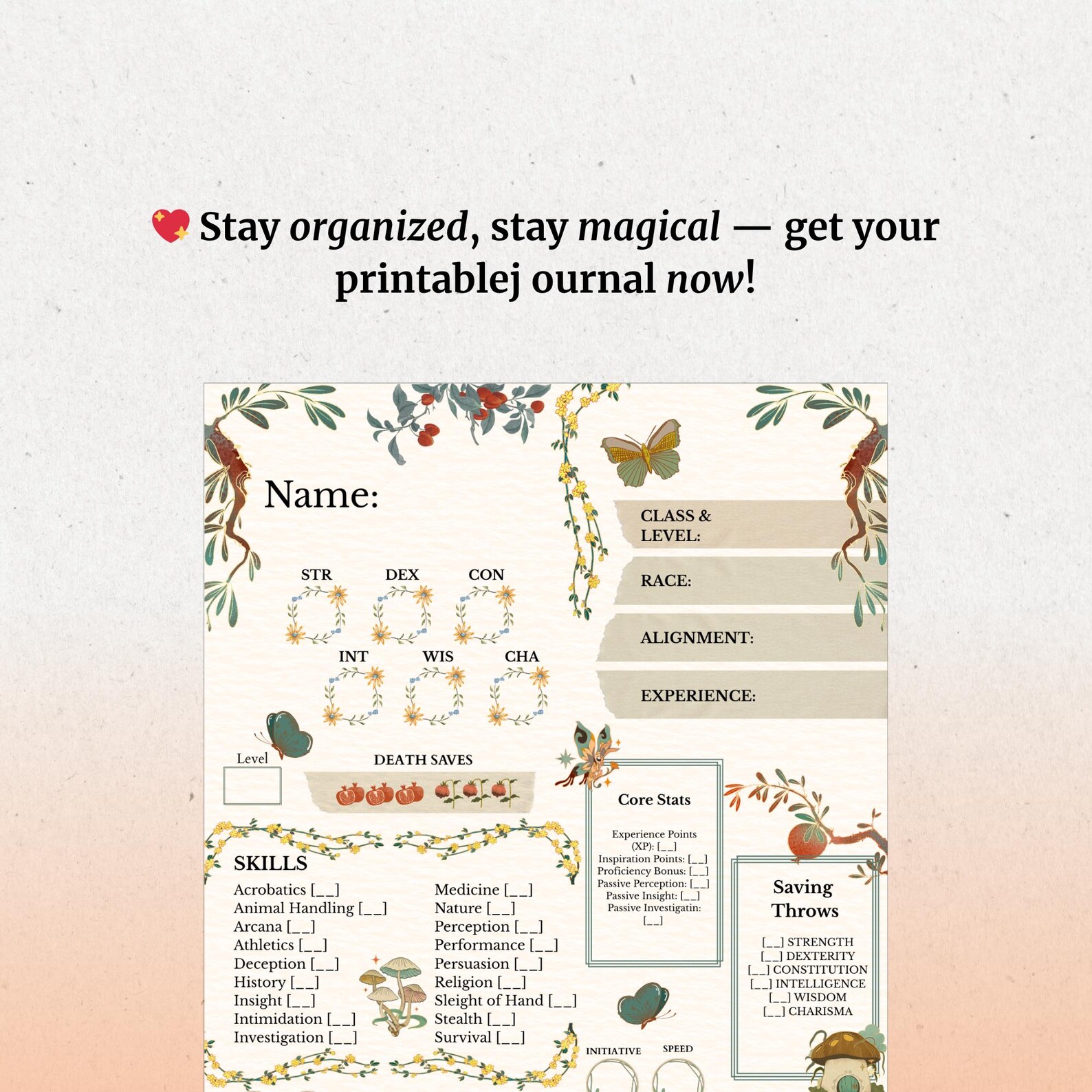 Printable Dnd 5e Character Journal | Cozy Druid Spell Sheet | Botanical ...