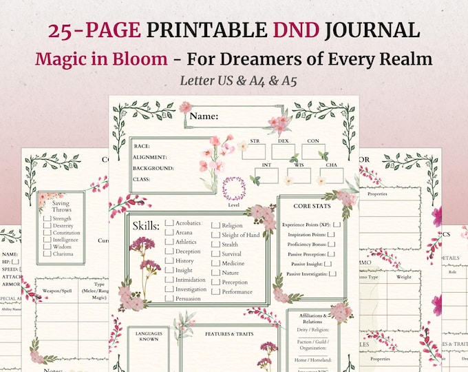 Floral DND 5e Character Sheet Journal: Printable RPG Player Notebook ...