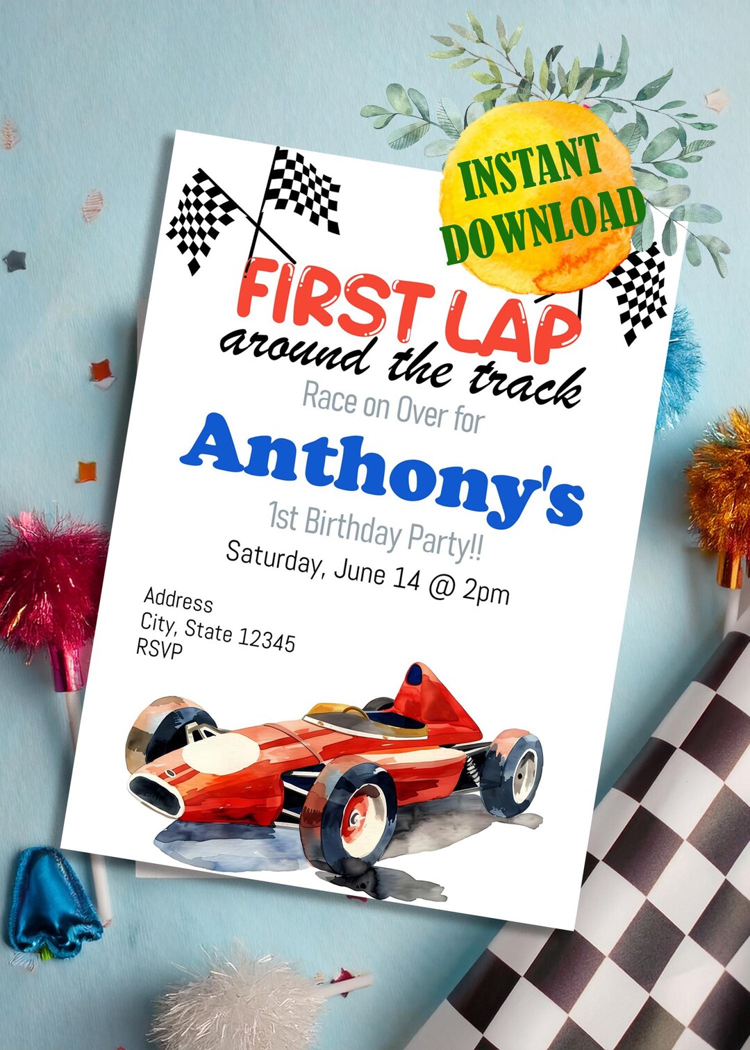 First Lap Around the Track Invitation | Race Car 1st Birthday Party ...
