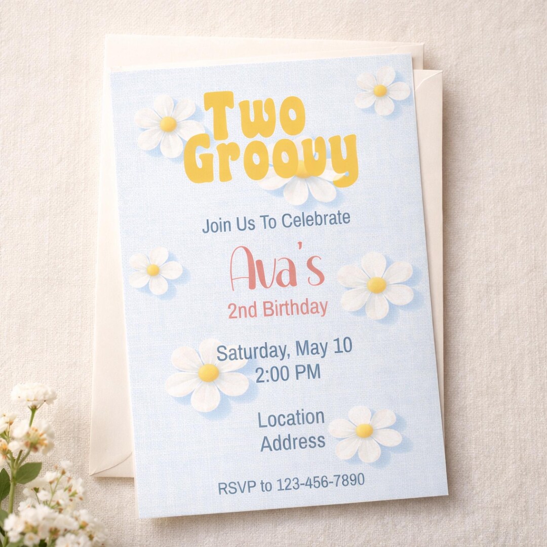Two Groovy 2nd Birthday Invitation Editable | Daisy Retro Party Invite ...