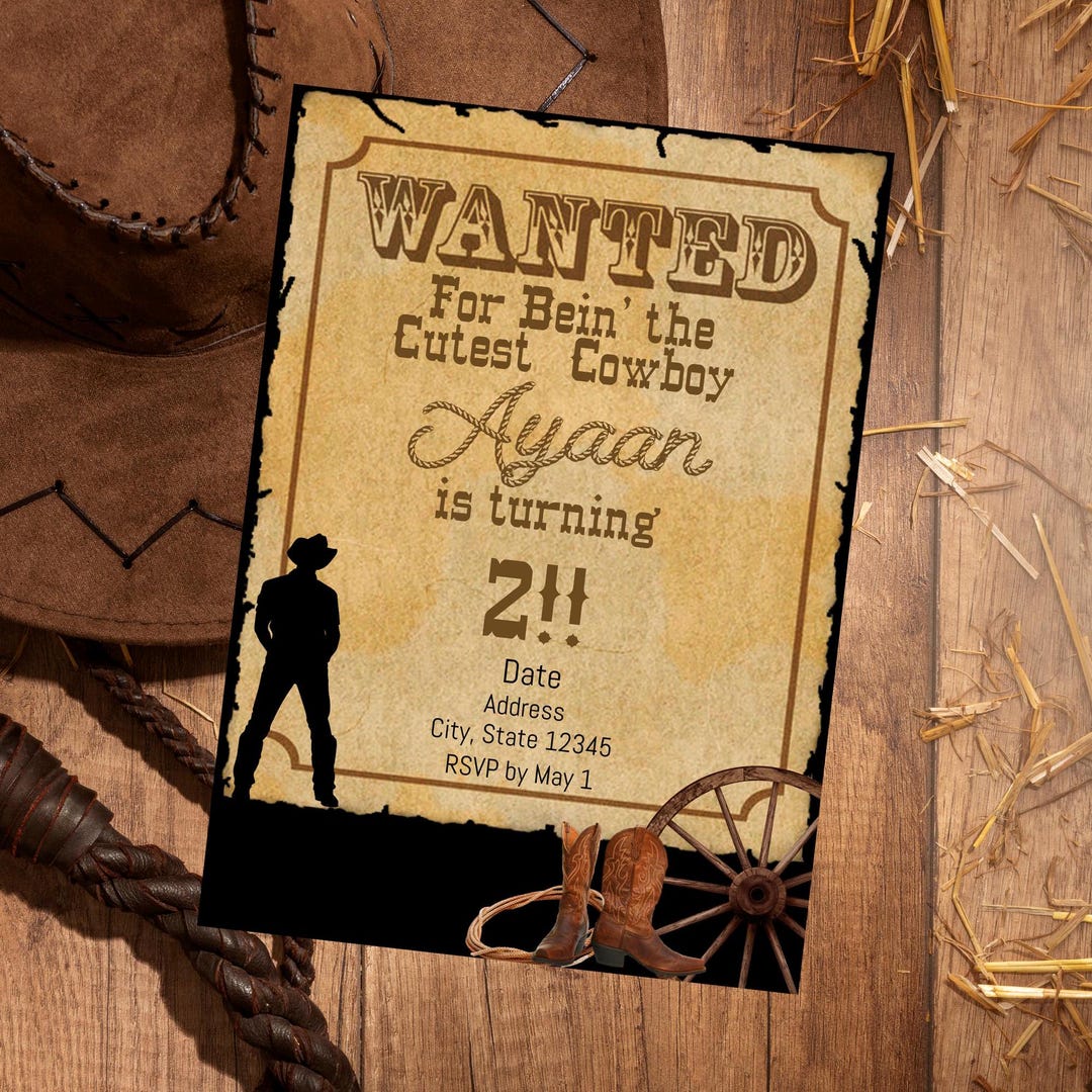 Western WANTED Kids Editable Birthday Invitation, Cowboy Cowgirl Theme ...