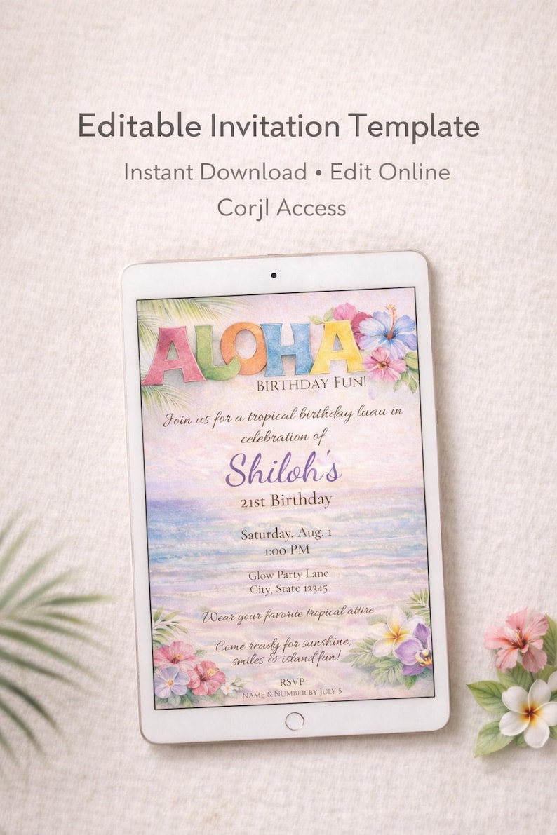 Aloha Birthday Invitation Template, Tropical Tiki Luau Party Invite ...