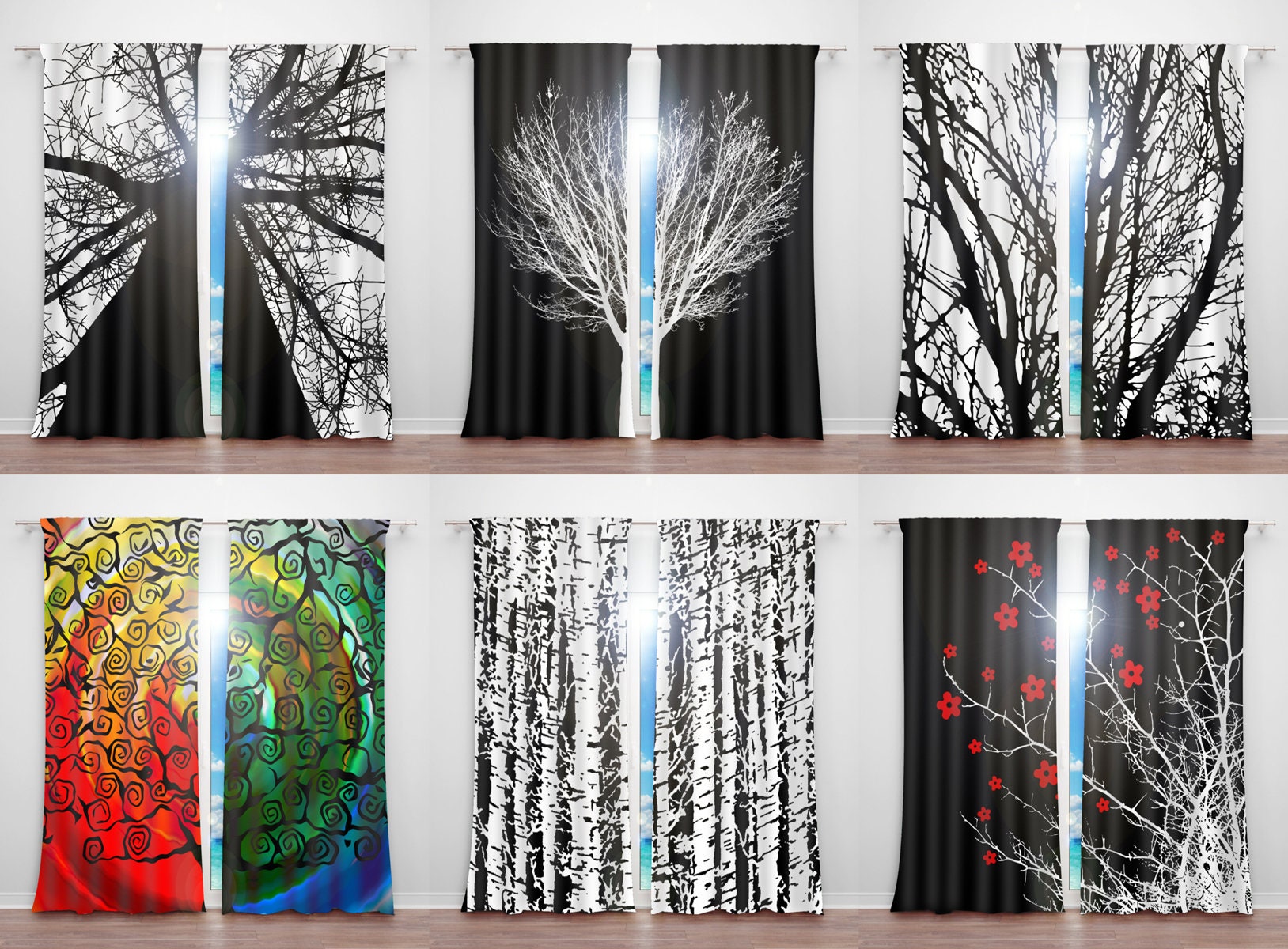 Birch Tree Curtains Cherry Blossoms Curtain Winter Tree | Etsy