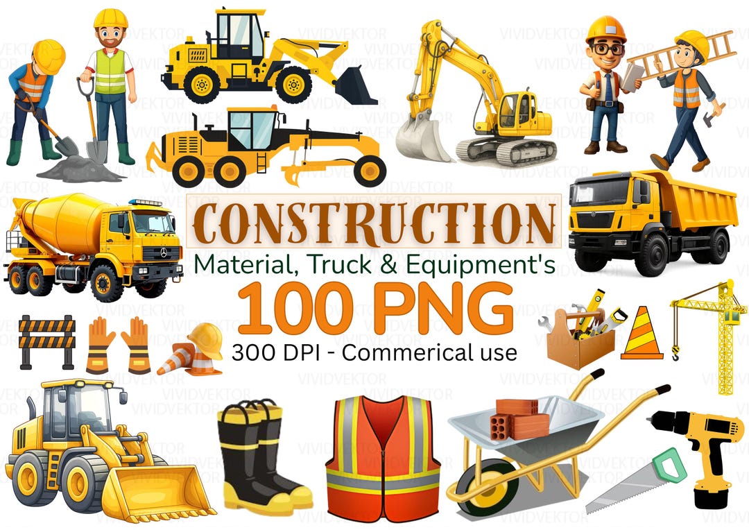 Construction Clipart Bundle: 100 Pngs of Trucks, Diggers, & Building ...