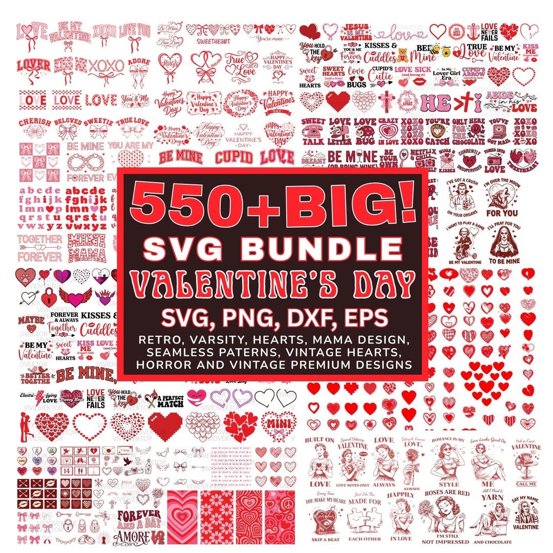 Mega paquete SVG de San Valentín: Corazones retro y geniales (uso ...