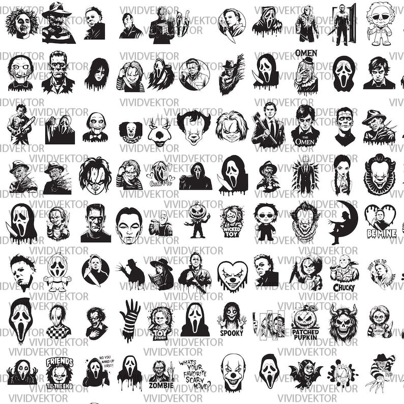 Horror Movie Character SVG PNG Bundle: 100 Halloween Designs (digital ...