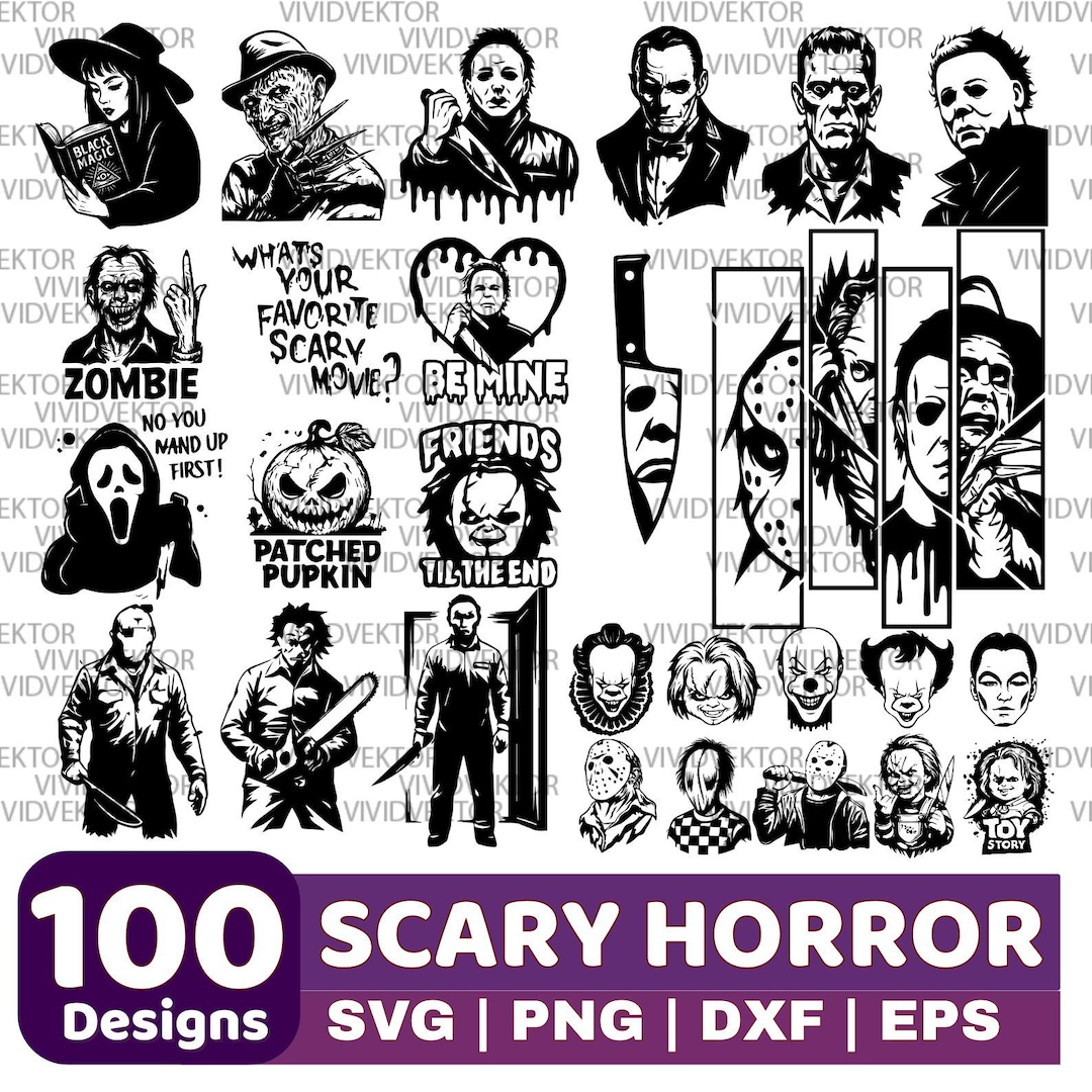 Horror Movie Character SVG PNG Bundle: 100 Halloween Designs (digital ...