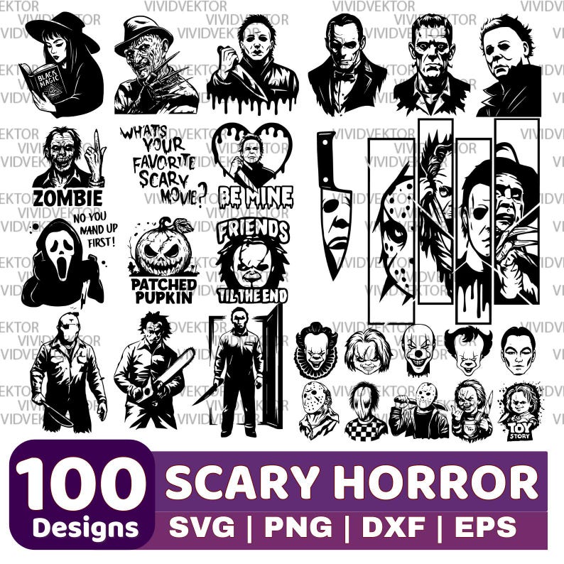 Horror Movie Character SVG PNG Bundle: 100 Halloween Designs (digital ...