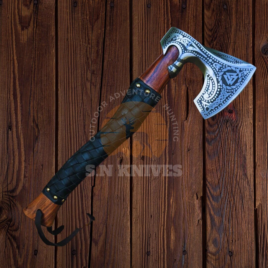 Handmade Viking, Throwing Axe With Carbon Engrave Steel Blade & Leather ...
