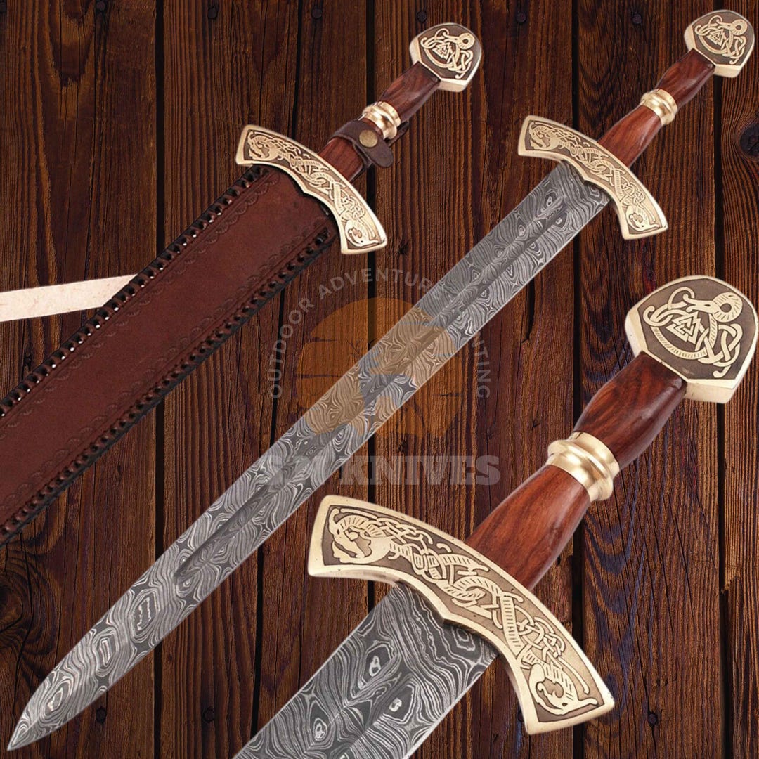 Handmade Damascus Viking Sword With Wooden Handle & Leather Sheath ...