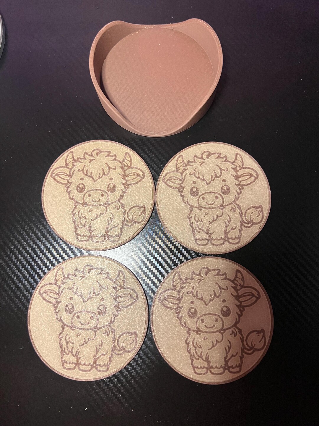 Highland Cow Coaster Set – 4 Cute Cartoon Coasters With Holder | Wood ...