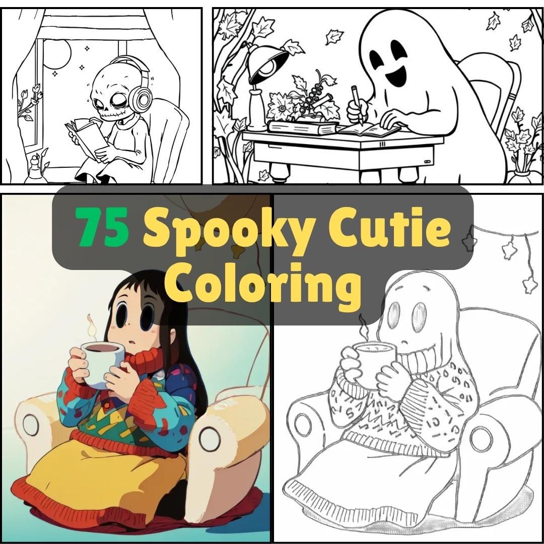 Spooky Cutie Cozy Coloring Pages, Cute Creepy Creatures for Cozy Days N ...
