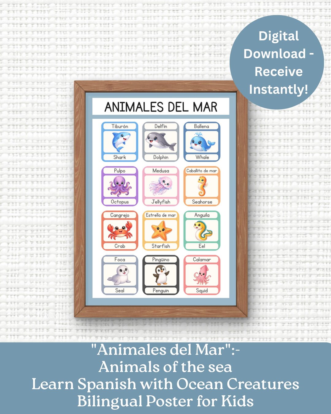 Spanish Sea Animals Poster for Kids, Animales Del Mar Printable, Ocean ...