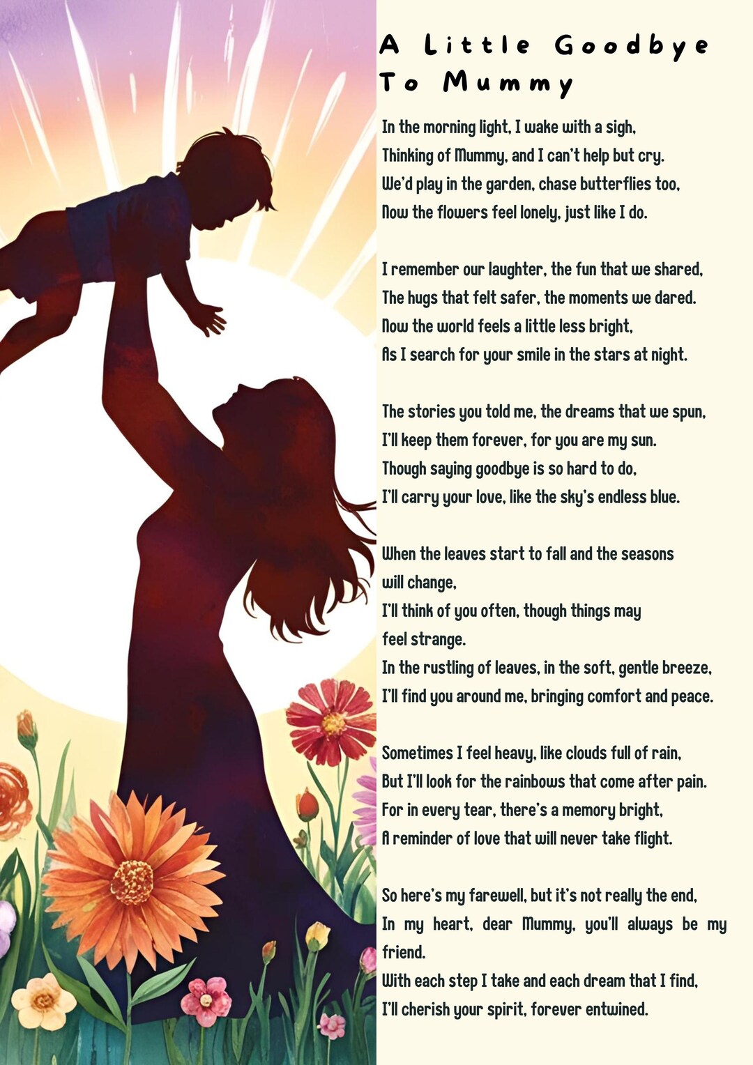 Heartfelt Goodbye Mummy Poem for Kids | Digital Download to Comfort ...