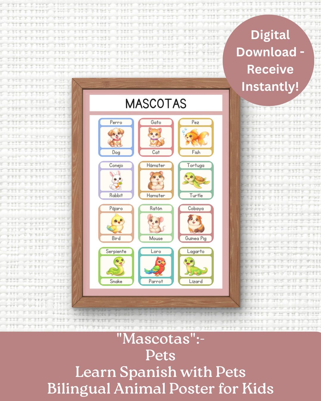 Spanish Pets Poster for Kids, Mascotas Printable, Bilingual Animal ...