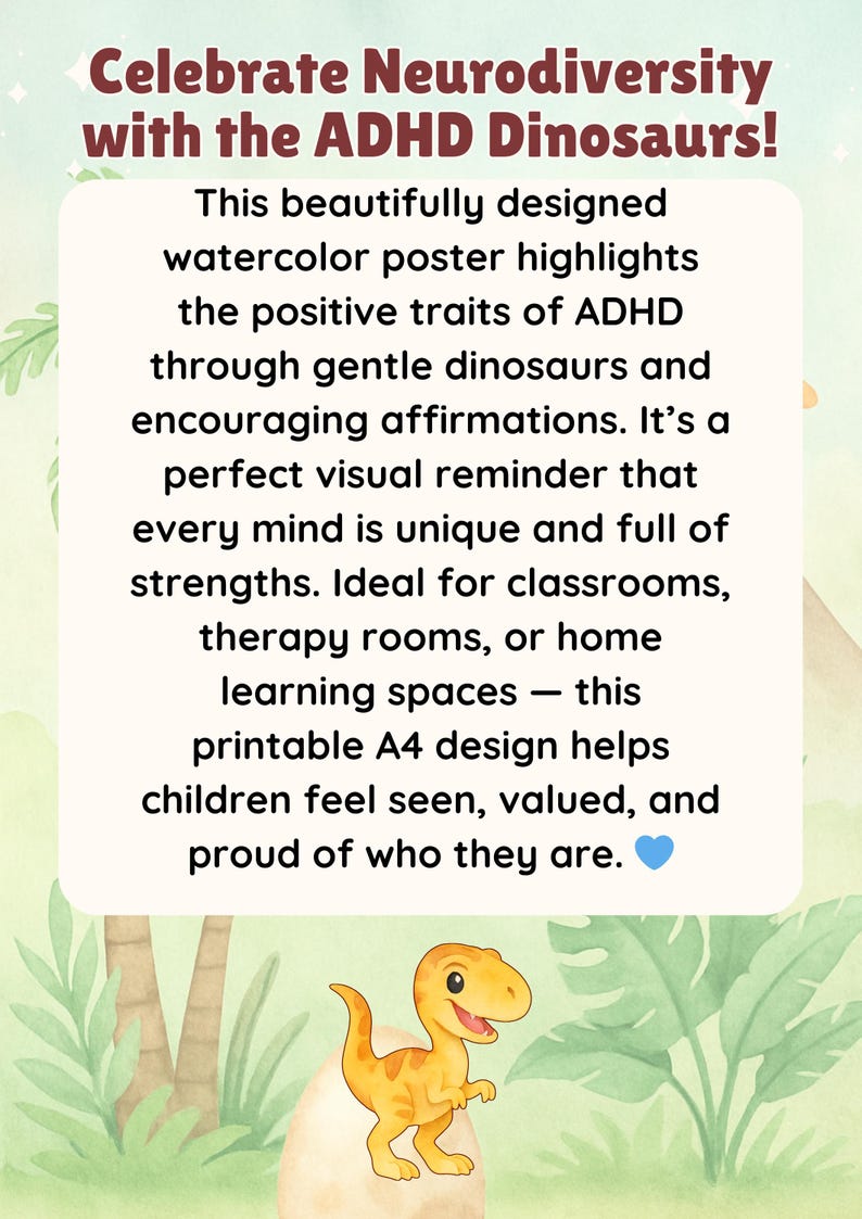 ADHD Dinosaurs Poster for Kids | Neurodiversity Wall Art | ADHD ...