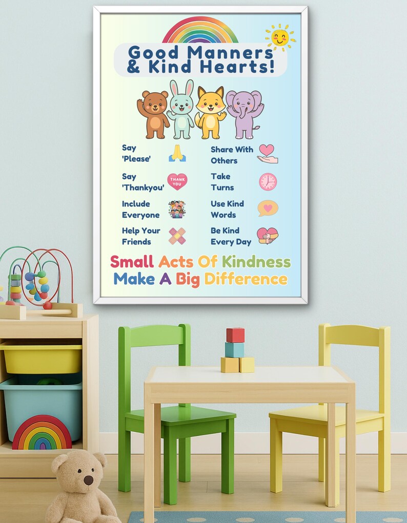 Good Manners & Kind Hearts Animal Poster | Cute Kids Educational Wall ...