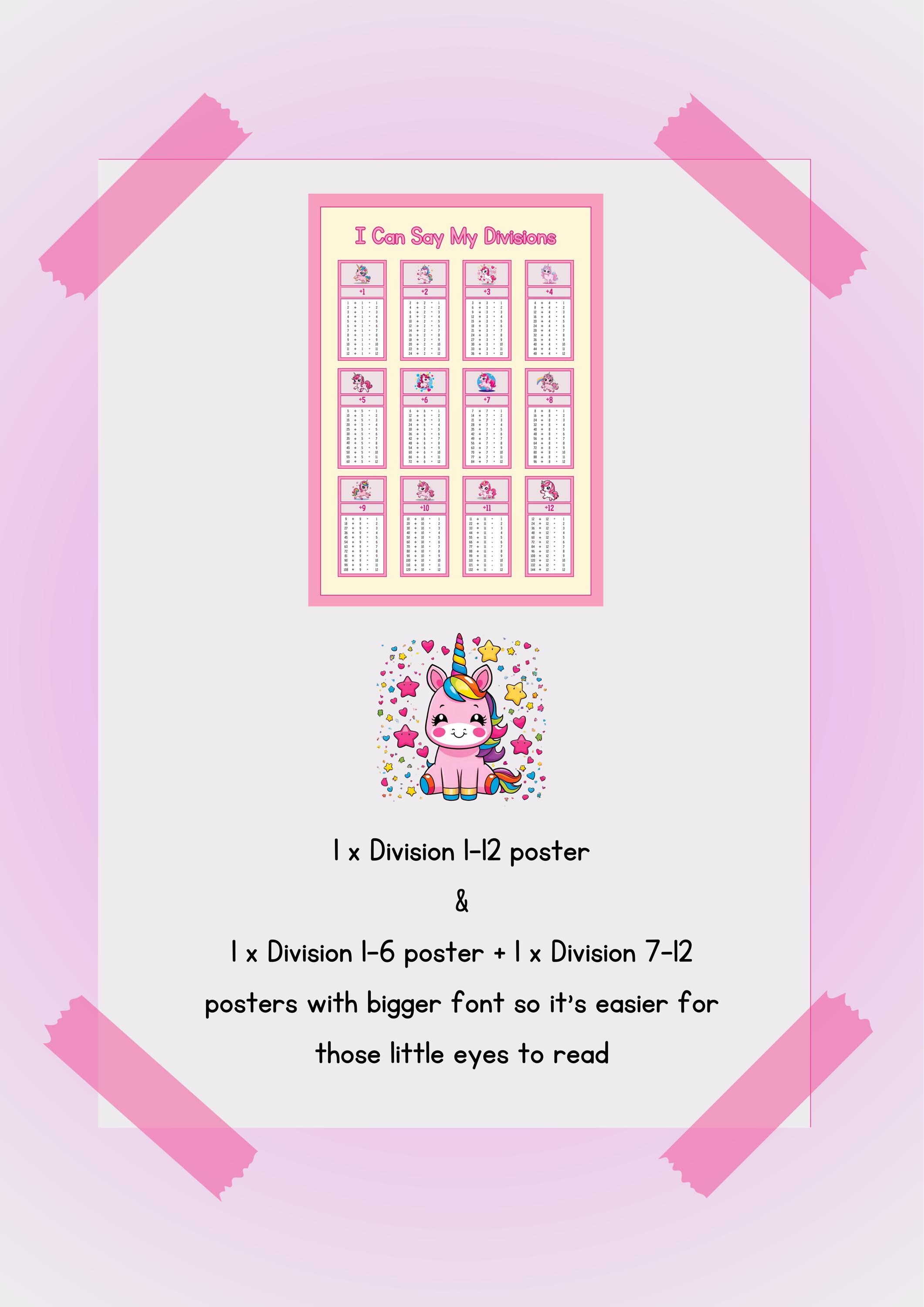 Unicorn Themed Division Chart, Printable Digital Download for Kids ...