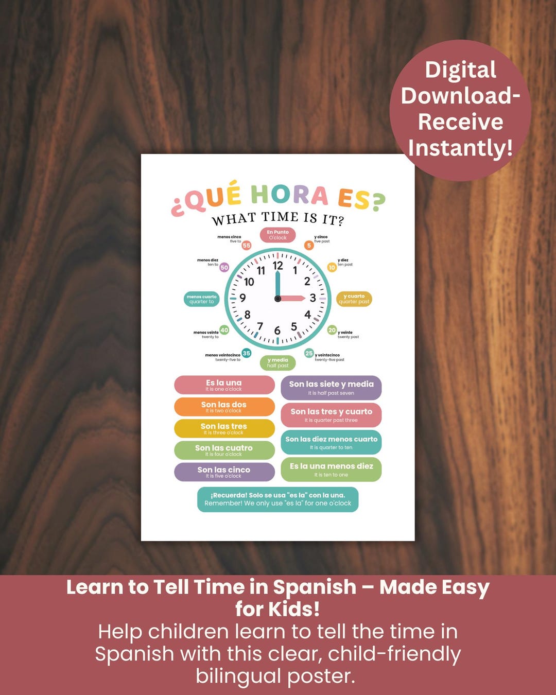 Spanish Telling Time Poster for Kids | Learn Time in Spanish Printable ...