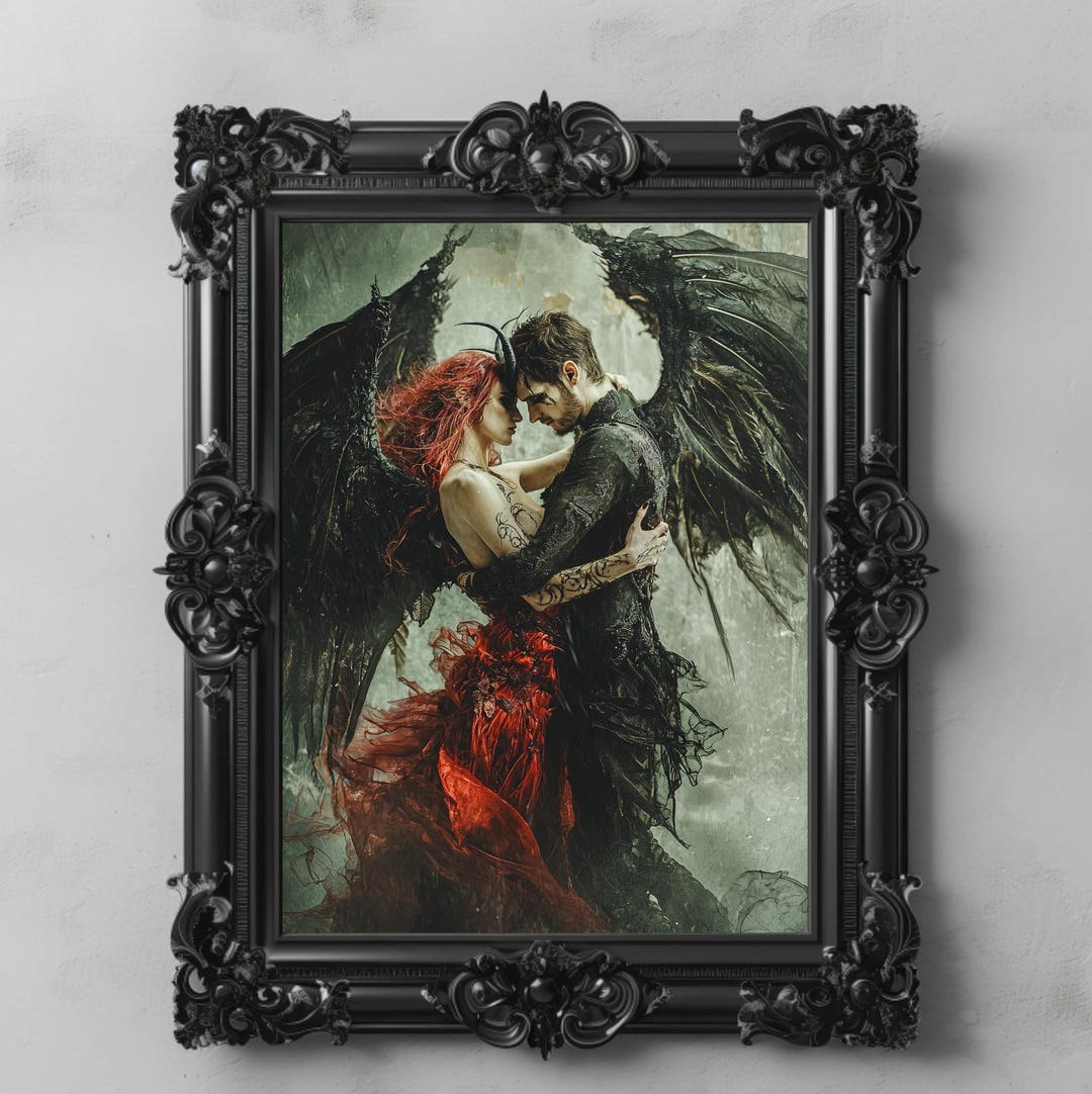 Fallen Angel and Dark Demon Embrace - Gothic Digital Art Print, Dark ...